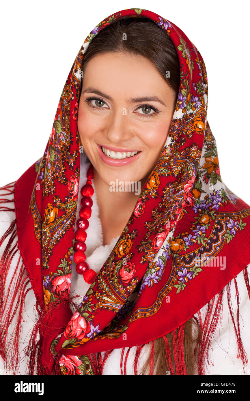 Russian beauty woman in the national patterned shawl Stock Photo - Alamy