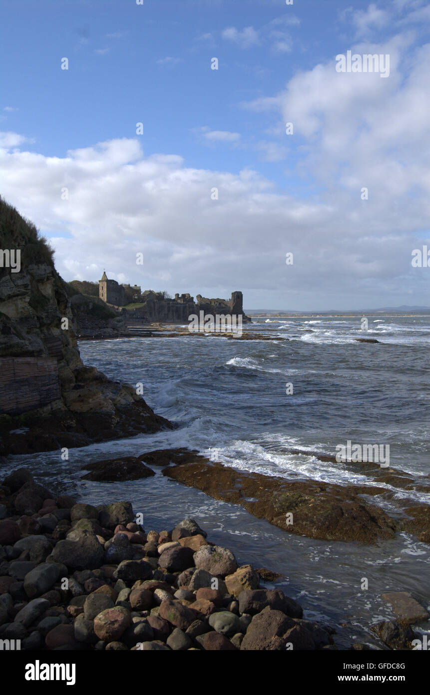 St Andrews Castle ruins and cliffs from the pier, St Andrews, Scotland ...