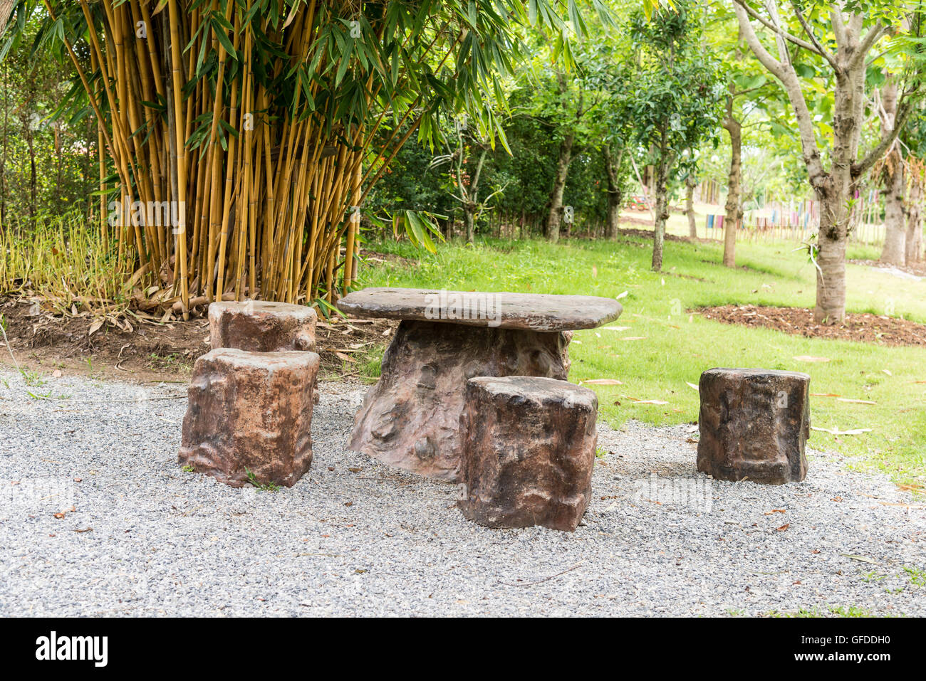 stone table and seating benches in park Stock Photo - Alamy