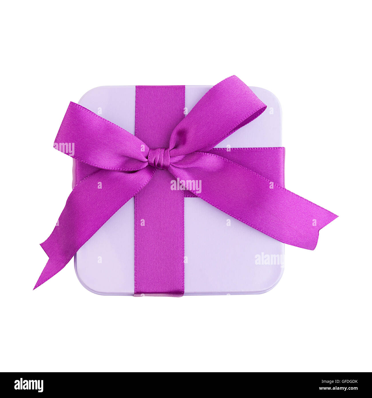Metal gift box with purple bow isolated top view Stock Photo - Alamy