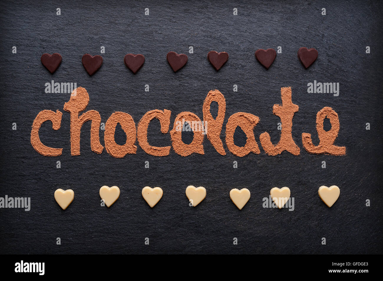 Text made of cocoa powder Chocolate on slate blackboard Stock Photo - Alamy