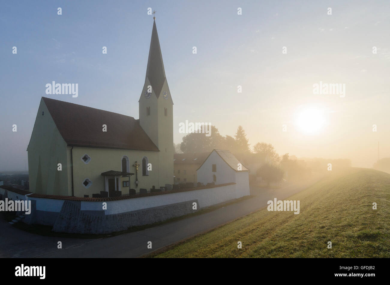 Mariaposching: church Mariä Geburt in fog, Germany, Bayern, Bavaria ...
