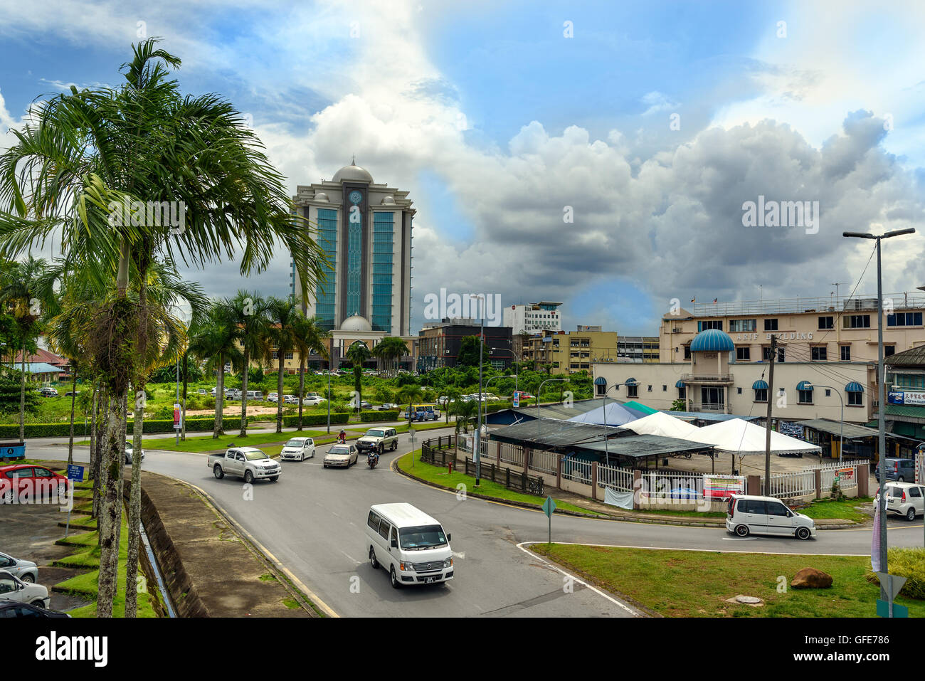View of road and Islamic Complex (Kompleks Islam Sarawak) in Kuching ...