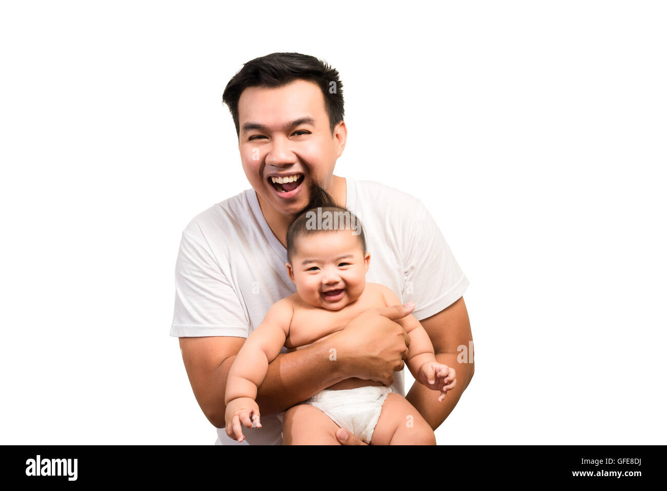 Happy Asian father and smile son isolated on white background Stock ...