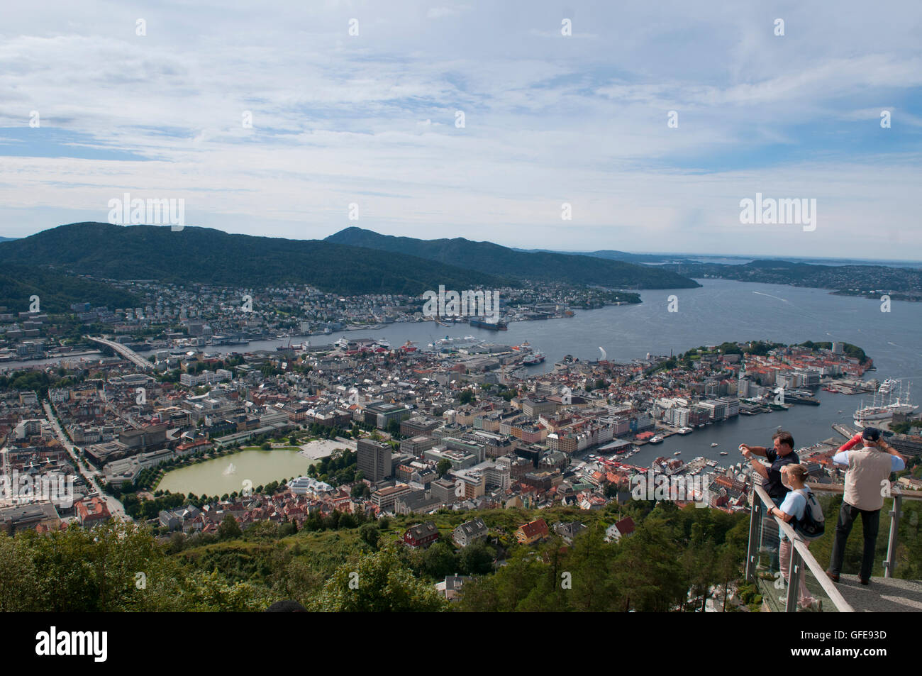 Bergen, Norway. Tourists take in the spectacular scenery from the top ...