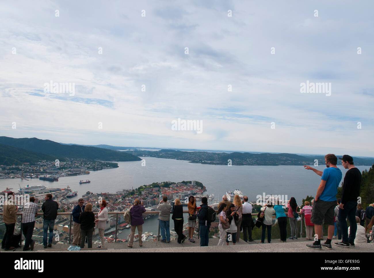 Bergen, Norway. Tourists take in the spectacular scenery from the top ...