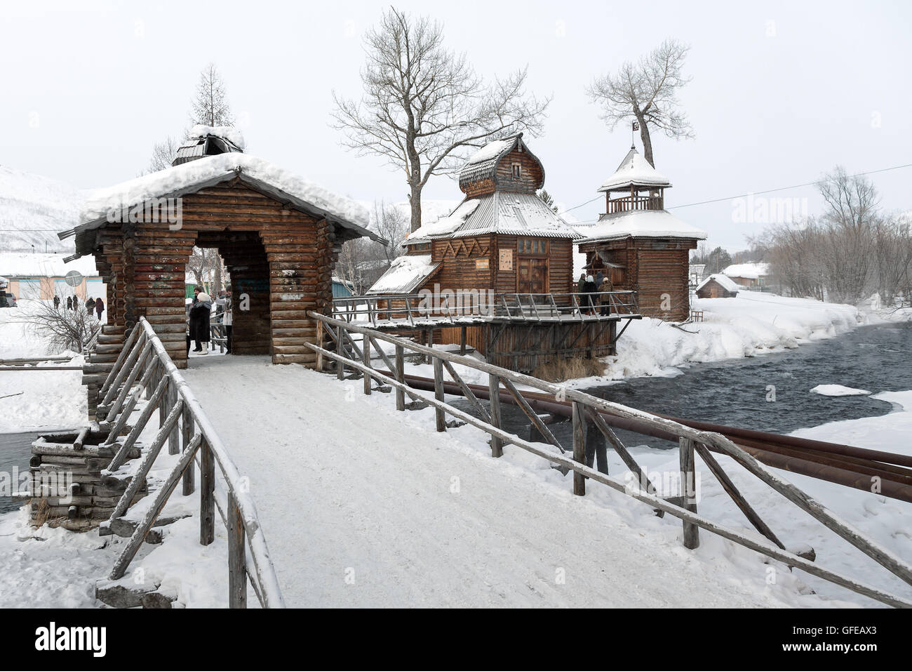 Esso Village, Kamchatka Region, Russia: Winter view of wooden buildings ...