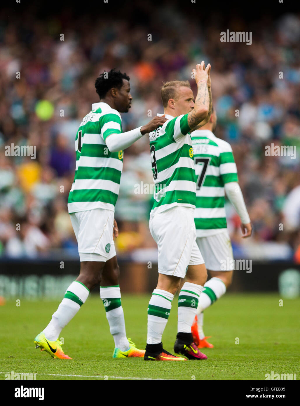 Celtic's Efe Ambrose (left) congratulates Leigh Griffiths after scoring ...