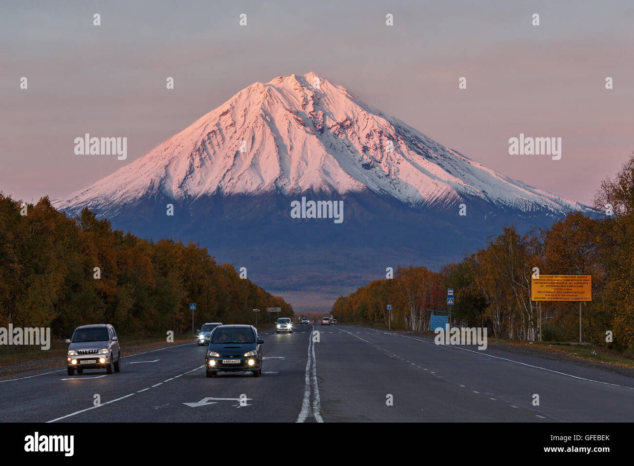 View of the Koryaksky Volcano at sunset, road Petropavlovsk-Kamchatsky ...