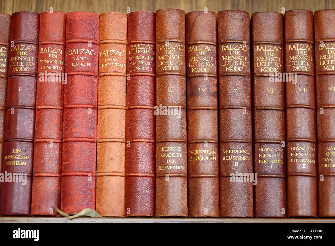 Collection of Balzac’s old books in German language on a bookshelf ...