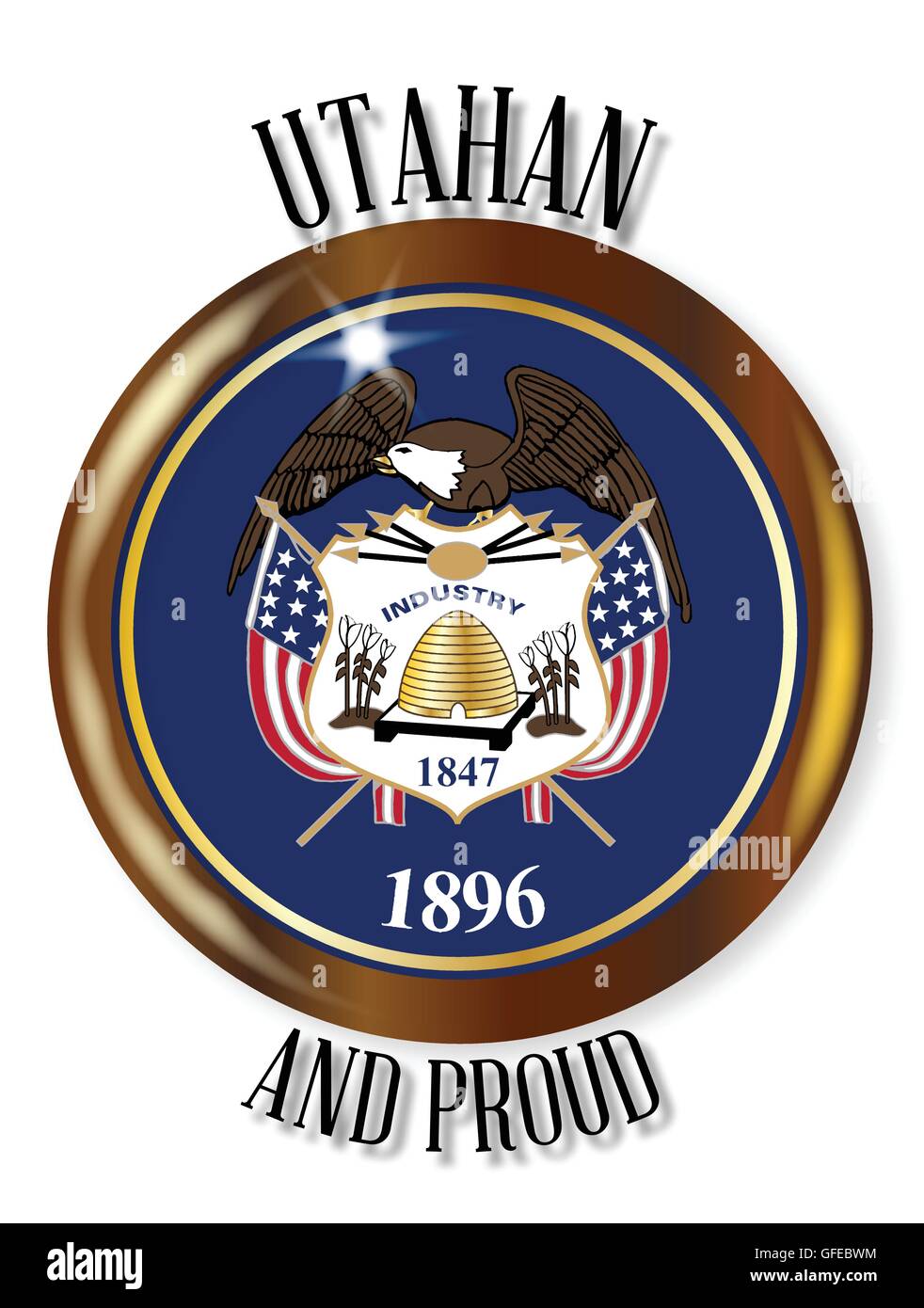 Utah state flag button with a gold metal circular border over a white ...