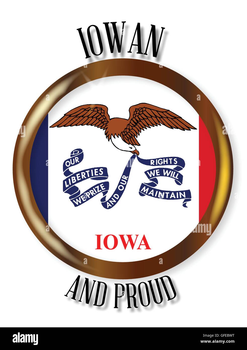 Iowa state flag button with a gold metal circular border over a white ...