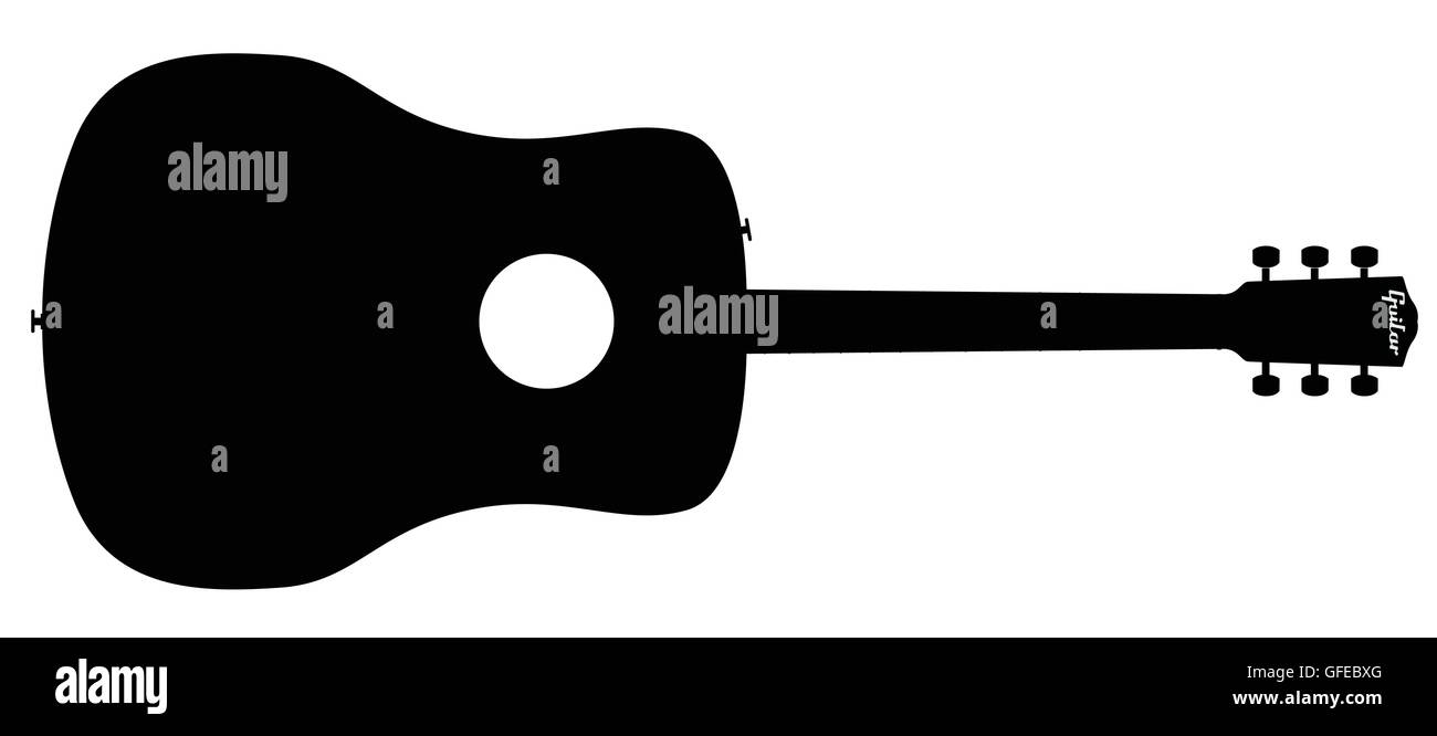 A typical acoustic guitar silhouette isolated over a white background ...