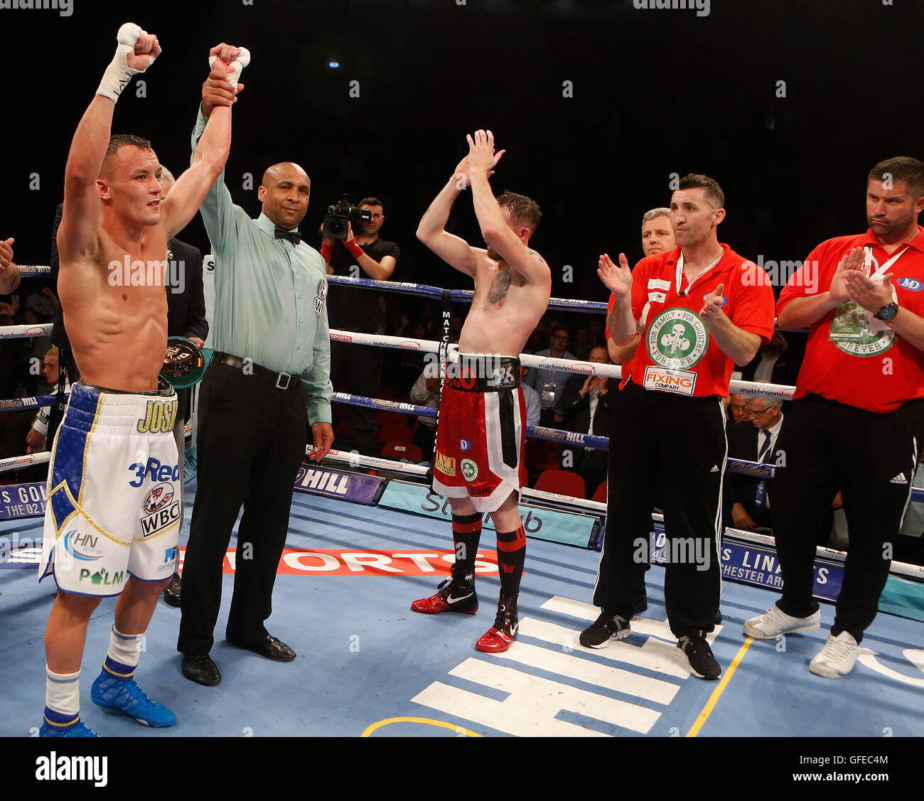 Josh Warrington celebrates his victory over Patrick Hyland during the ...