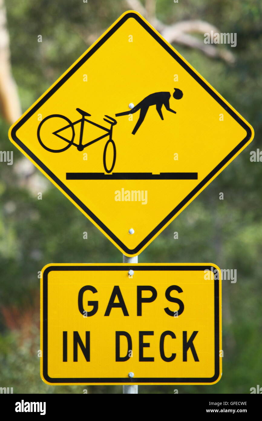 A fun road sign warning cyclists that the gaps in the wood boards may ...