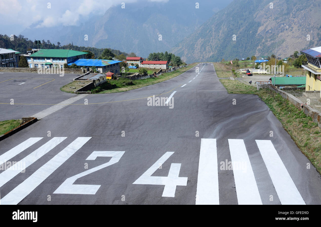 Take-off runway of Lukla Tenzing-Hillary airport in Nepal.Lukla - place ...