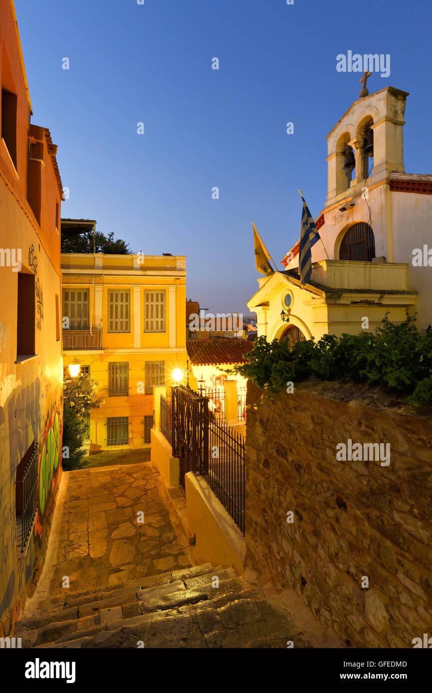Church in a street of the old town Plaka in the centre of Athens Stock ...