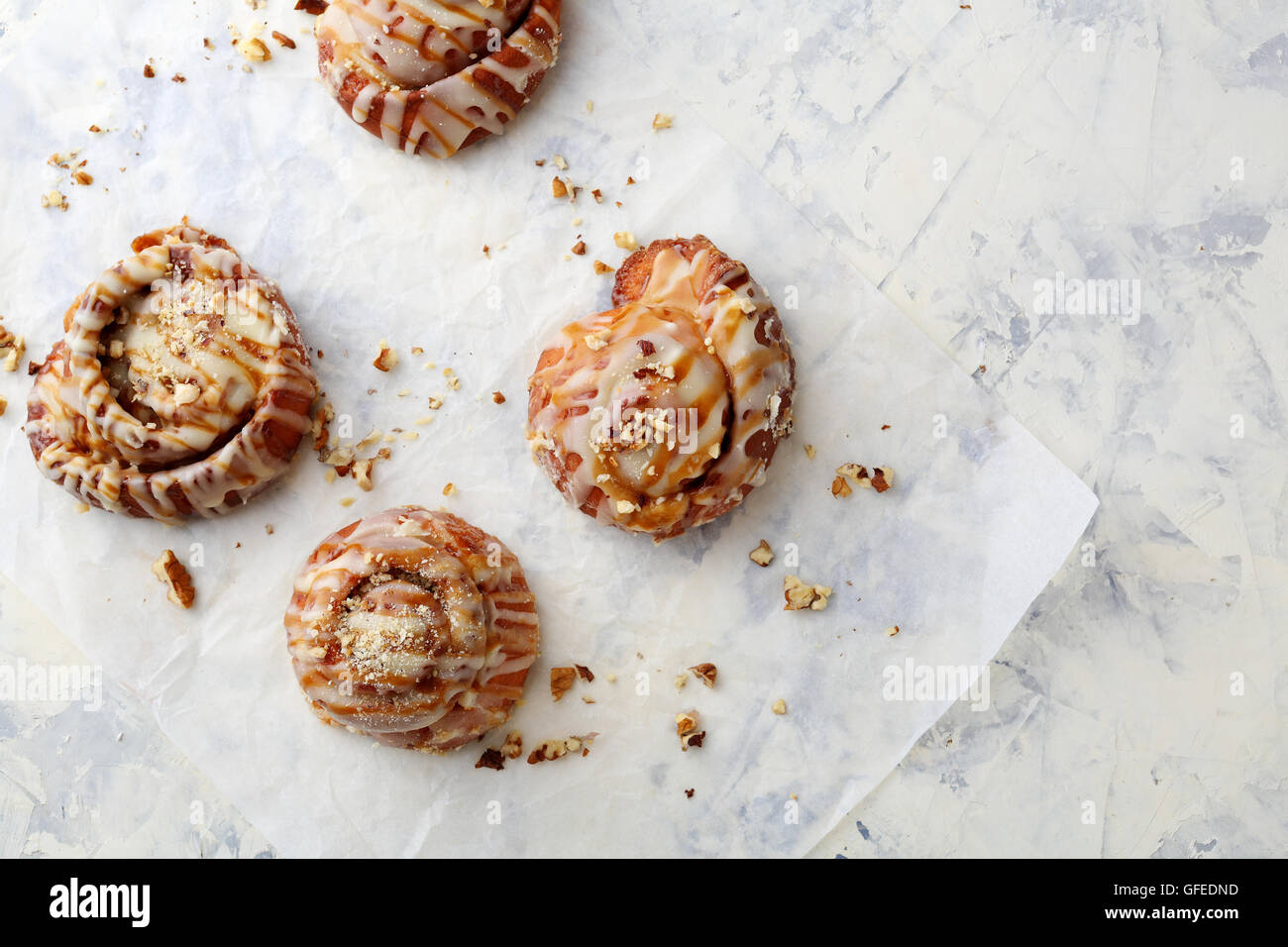 cinnamon with caramel icing, food top view Stock Photo - Alamy