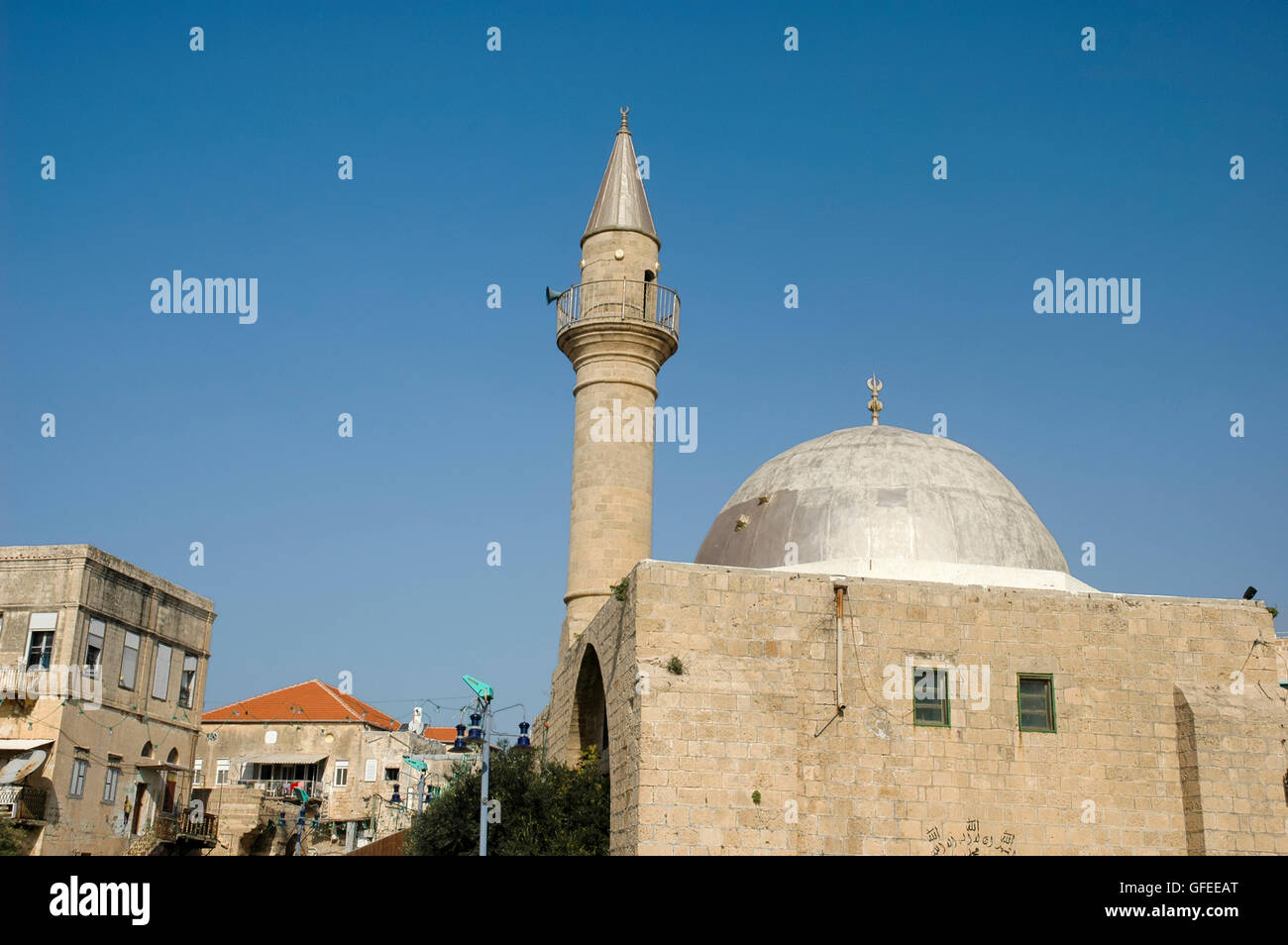 A mosque and turret in old Akko. Akko also Acre, is a city in northern ...