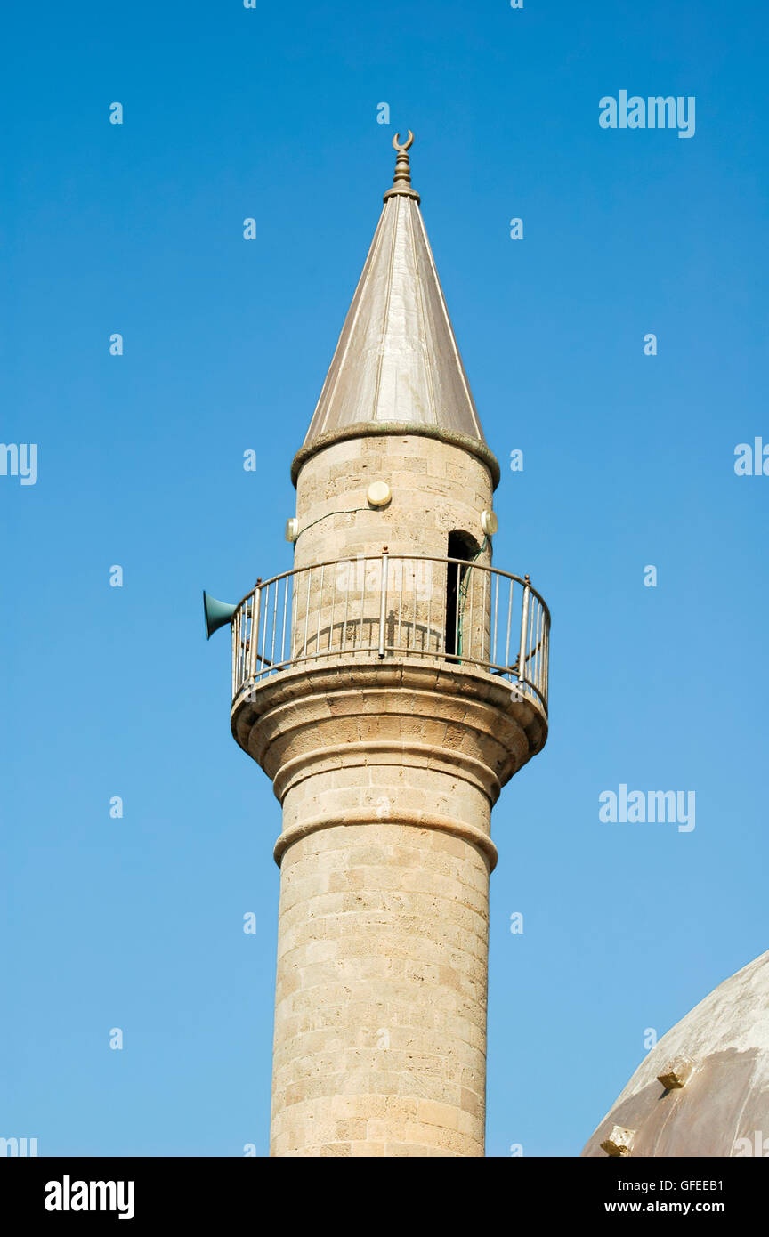 A mosque and turret in old Akko. Akko also Acre, is a city in northern ...