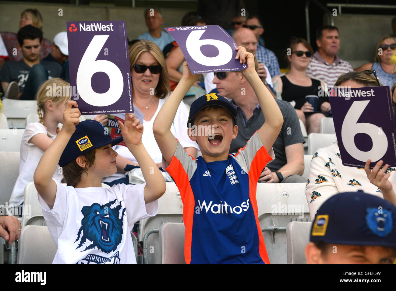 Young cricket Cricket fans spectators celebrating a six at Edbaston ...