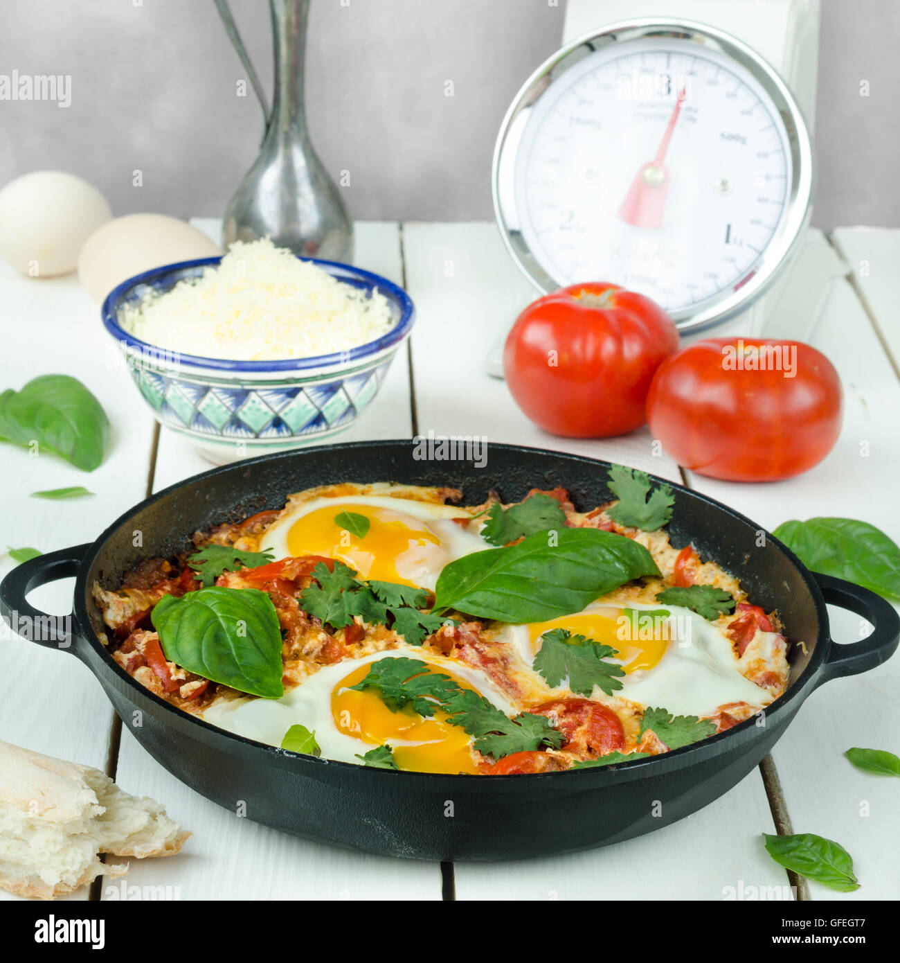 Breakfast with Turkish spicy shakshuka, still life Stock Photo - Alamy