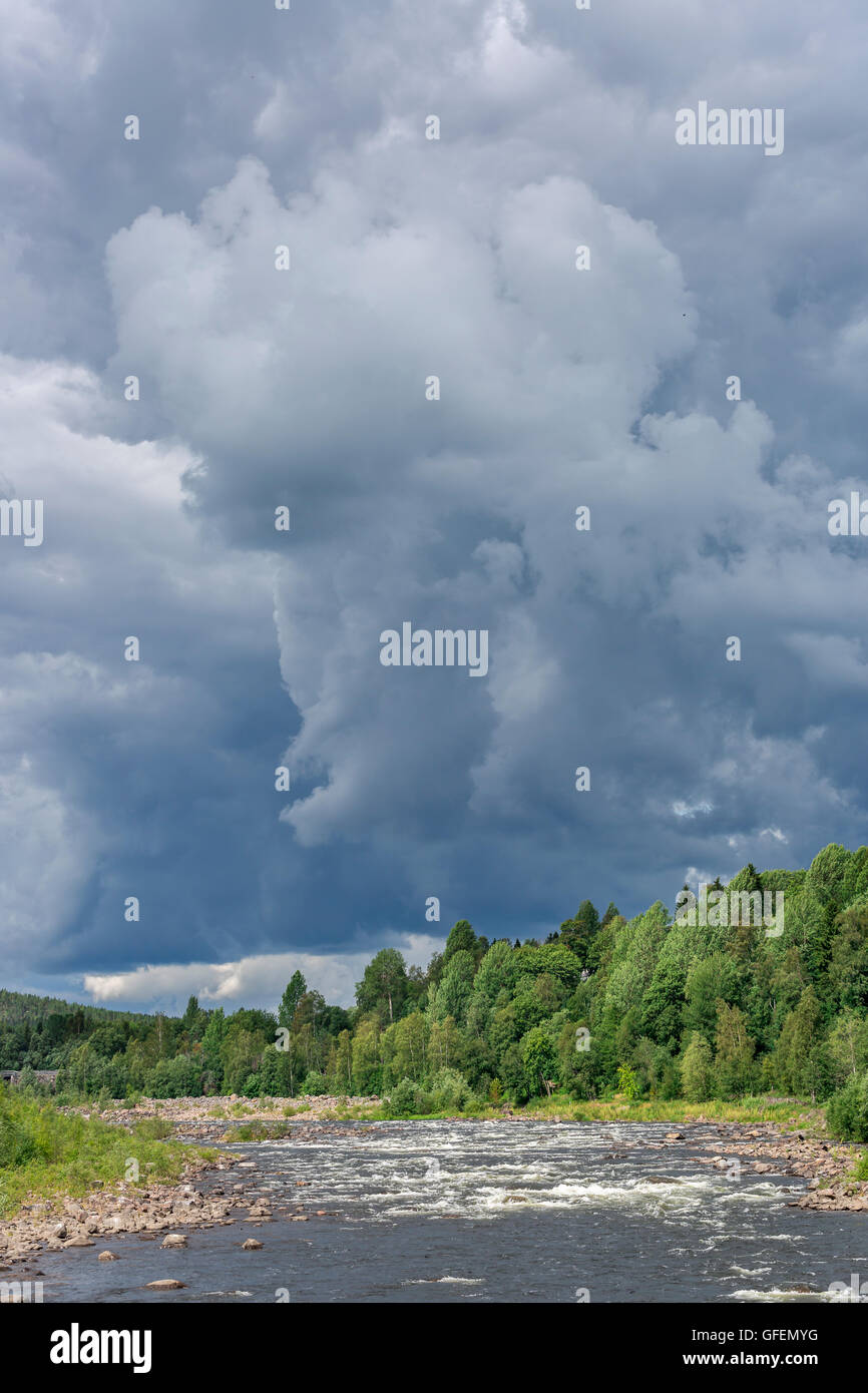 River with Forest and Cloudy Sky Stock Photo - Alamy