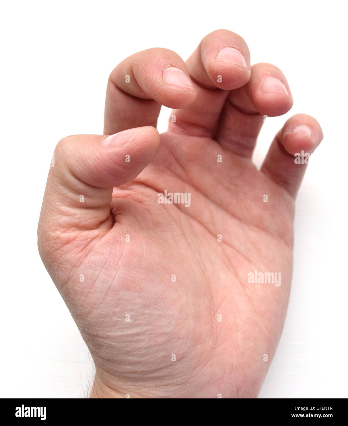 Hand in position as if it were holding an invisible object, isolated on ...