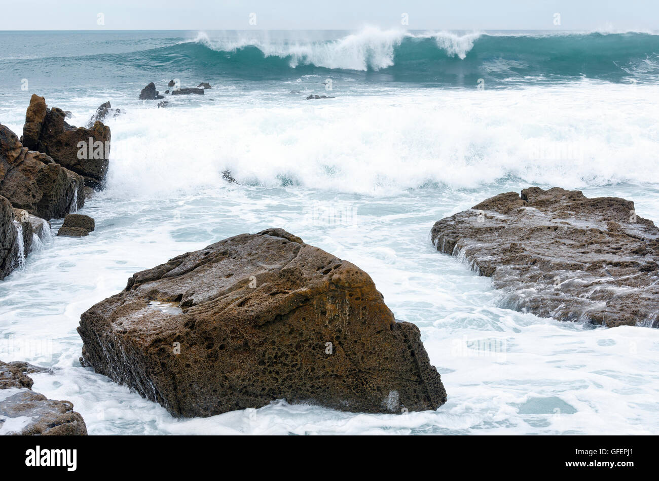 Ocean scenery and big boulders. View from from Azkorri beach (Biscay ...
