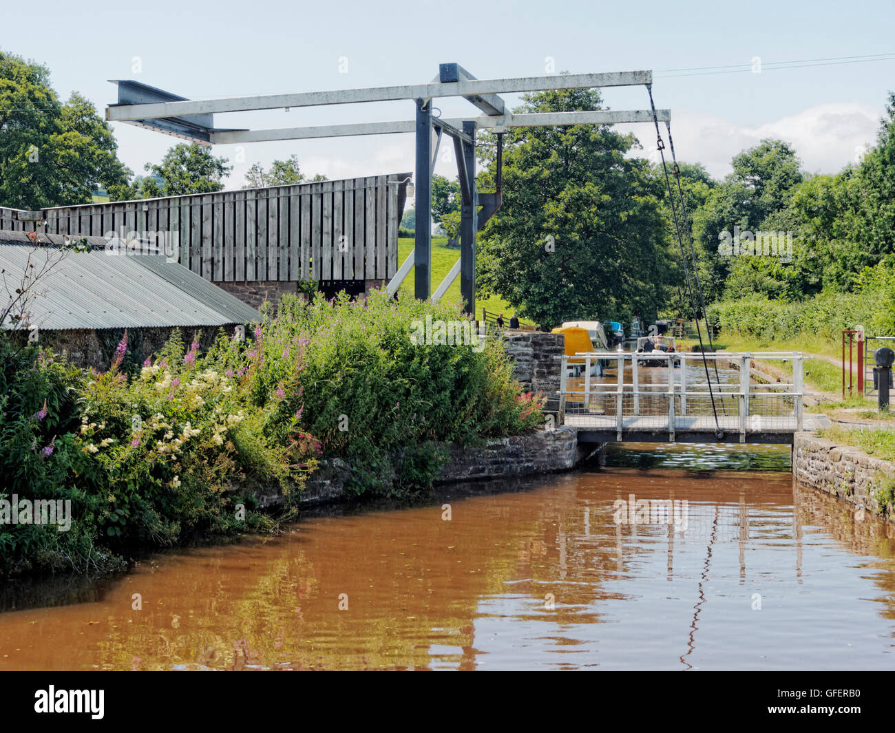 A hydraulic lifting bridge the Monmouth and Brecon Canal near Pencelli ...