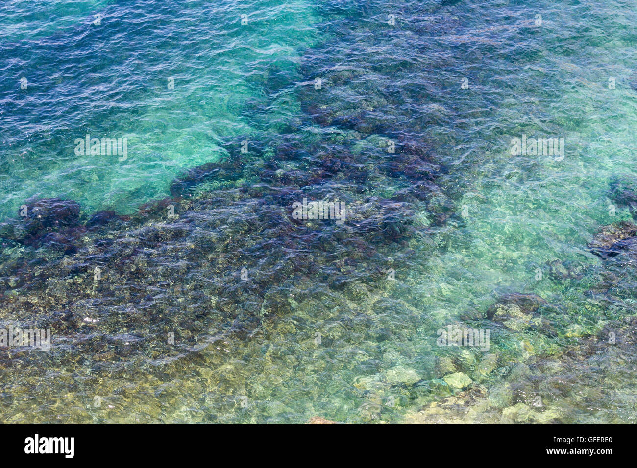 Limpid sea water surface with stones on bottom. View from above. Nature ...