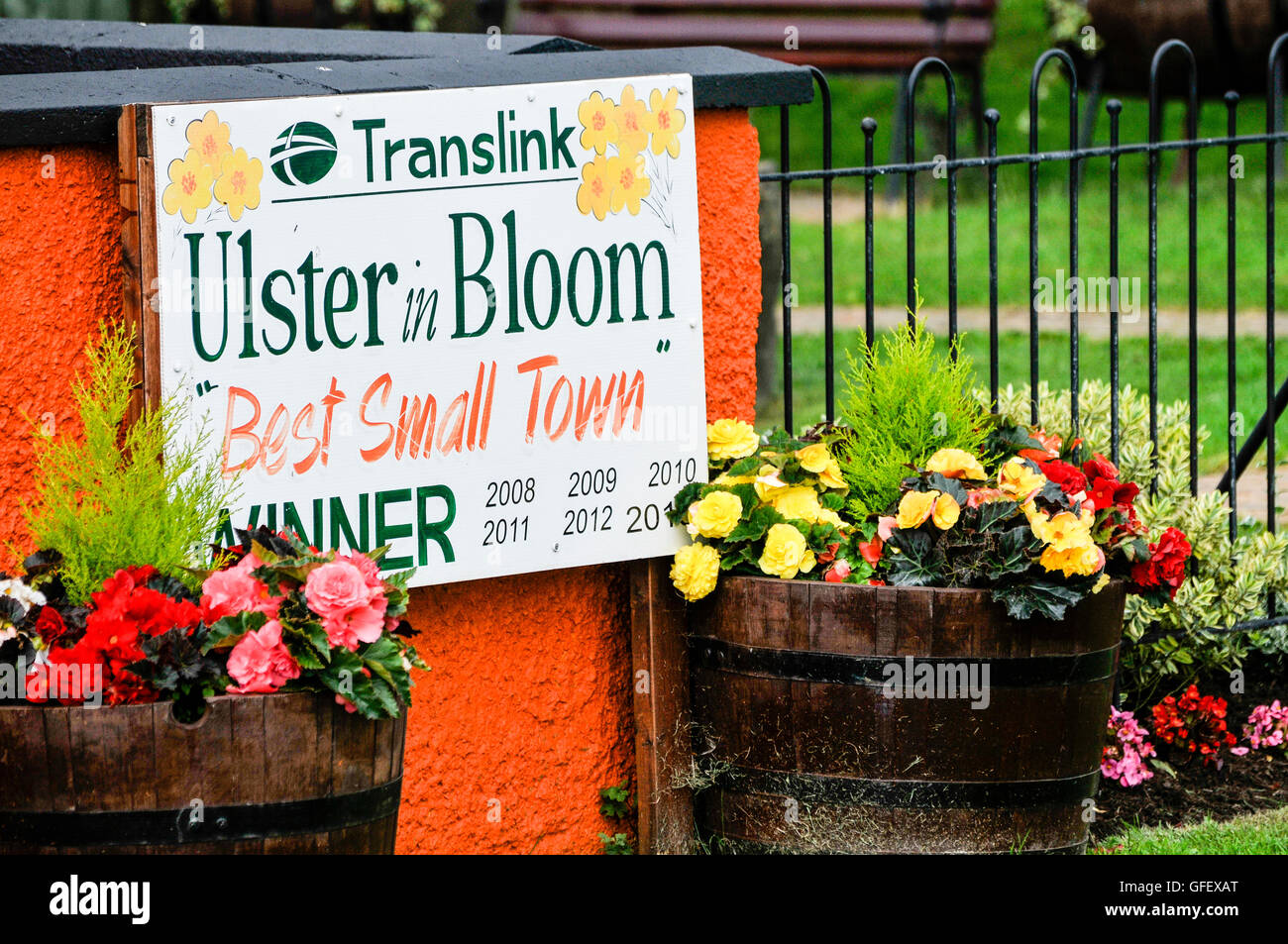 Ballymena, Northern Ireland. 7th Aug 2014 - Sign in Ahoghill village ...