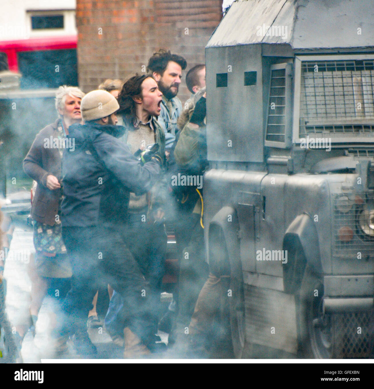 Belfast, Northern Ireland. 18 Dec 2014 - Extras stage a 1980s riot ...