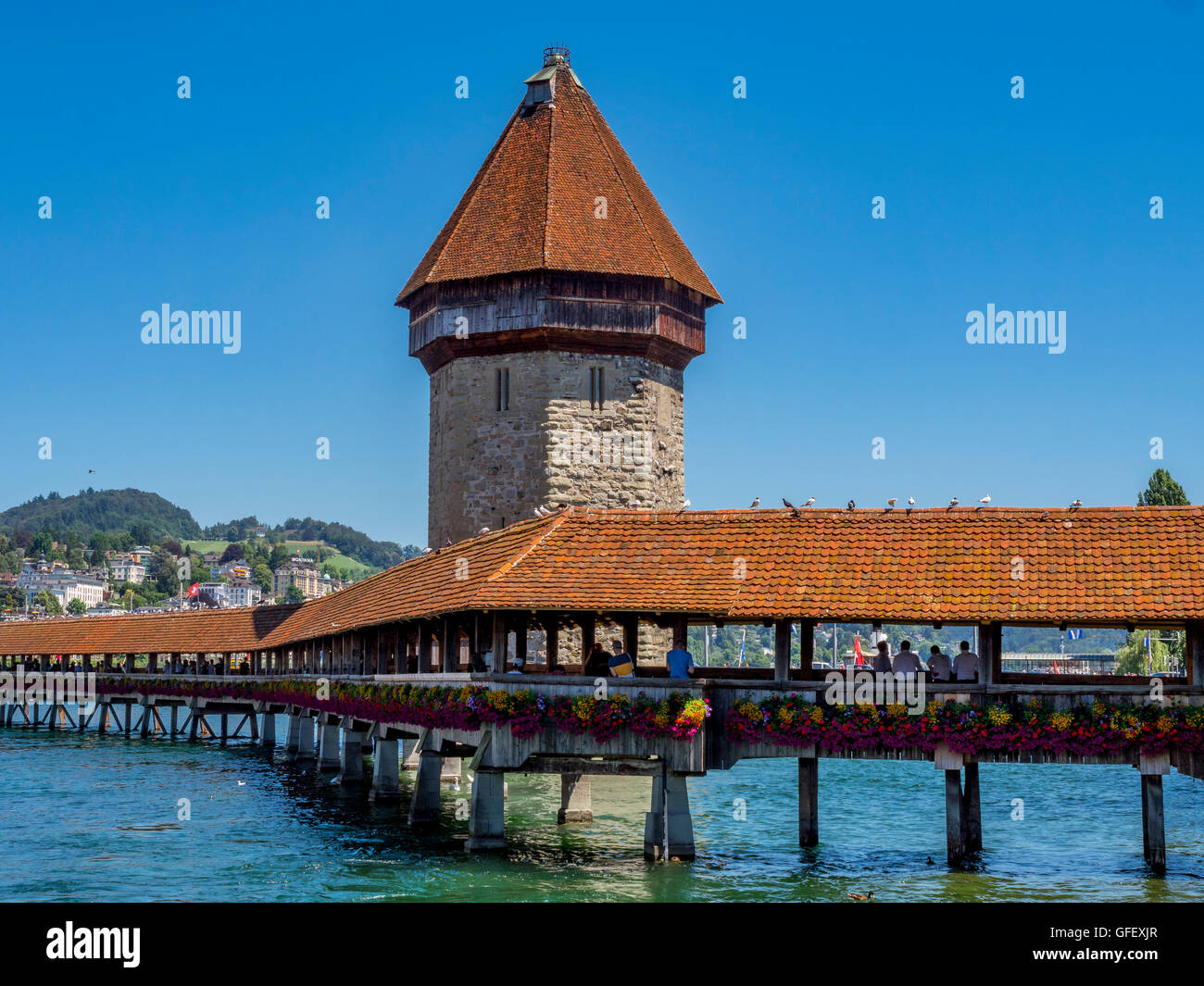 Chapel Bridge and Water Tower in Lucerne, Switzerland, Europe Stock ...