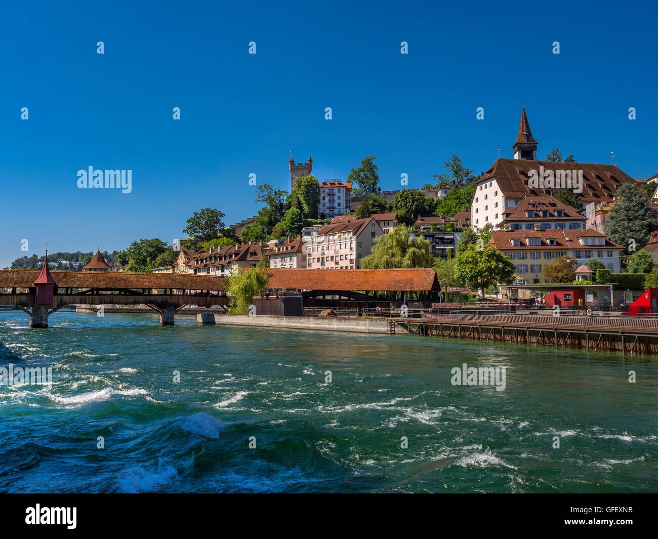 Spreuerbruecke bridge across the Reuss river, leading to the historic ...