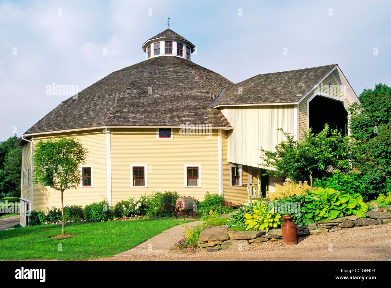 The large timber barn known as The Round Barn in the small town of ...