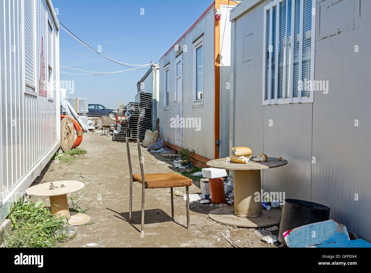 Improvised table made of wooden cable spool at construction site at ...