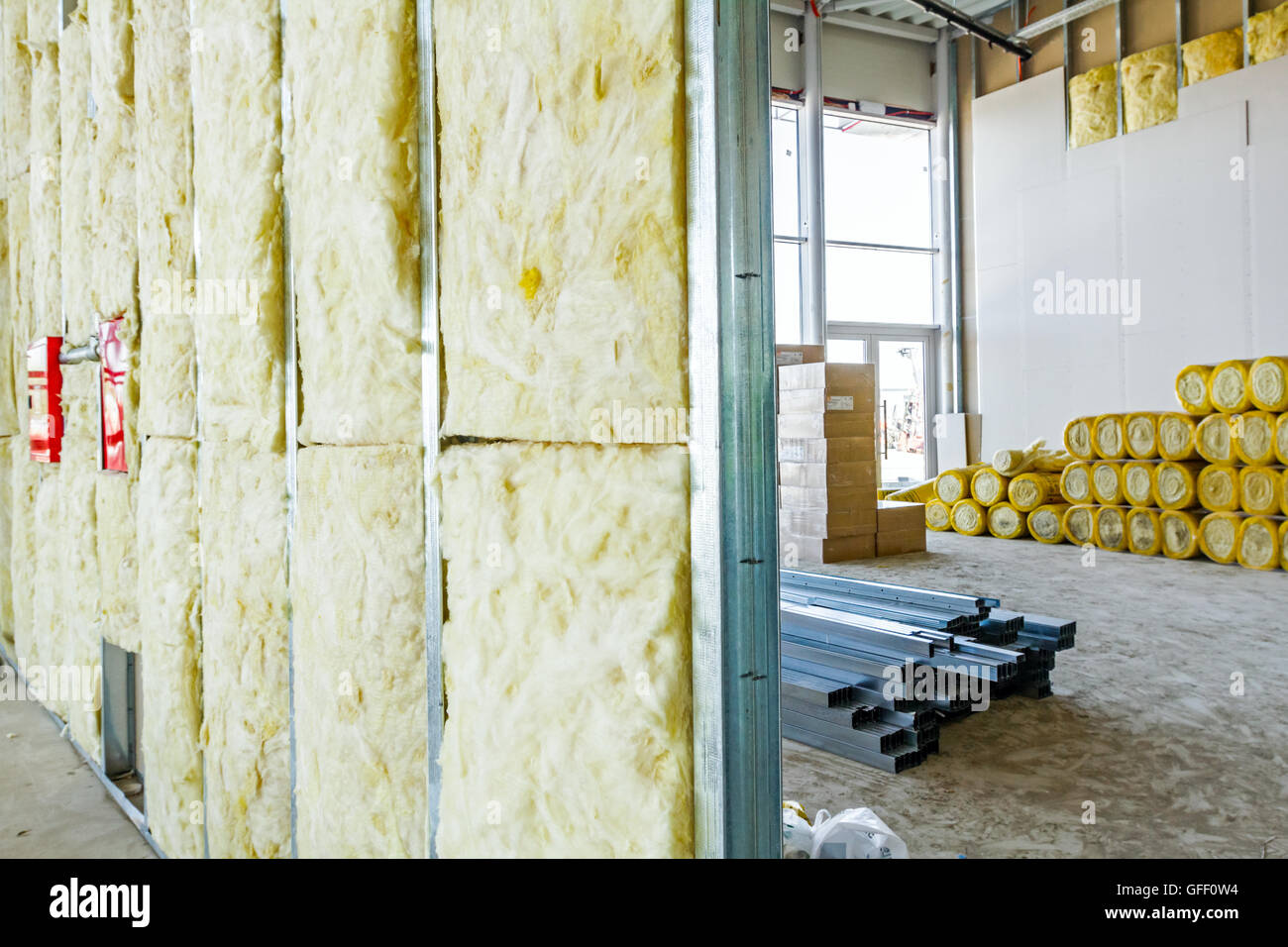 Unfinished building interior, heat isolation wall project with mineral ...