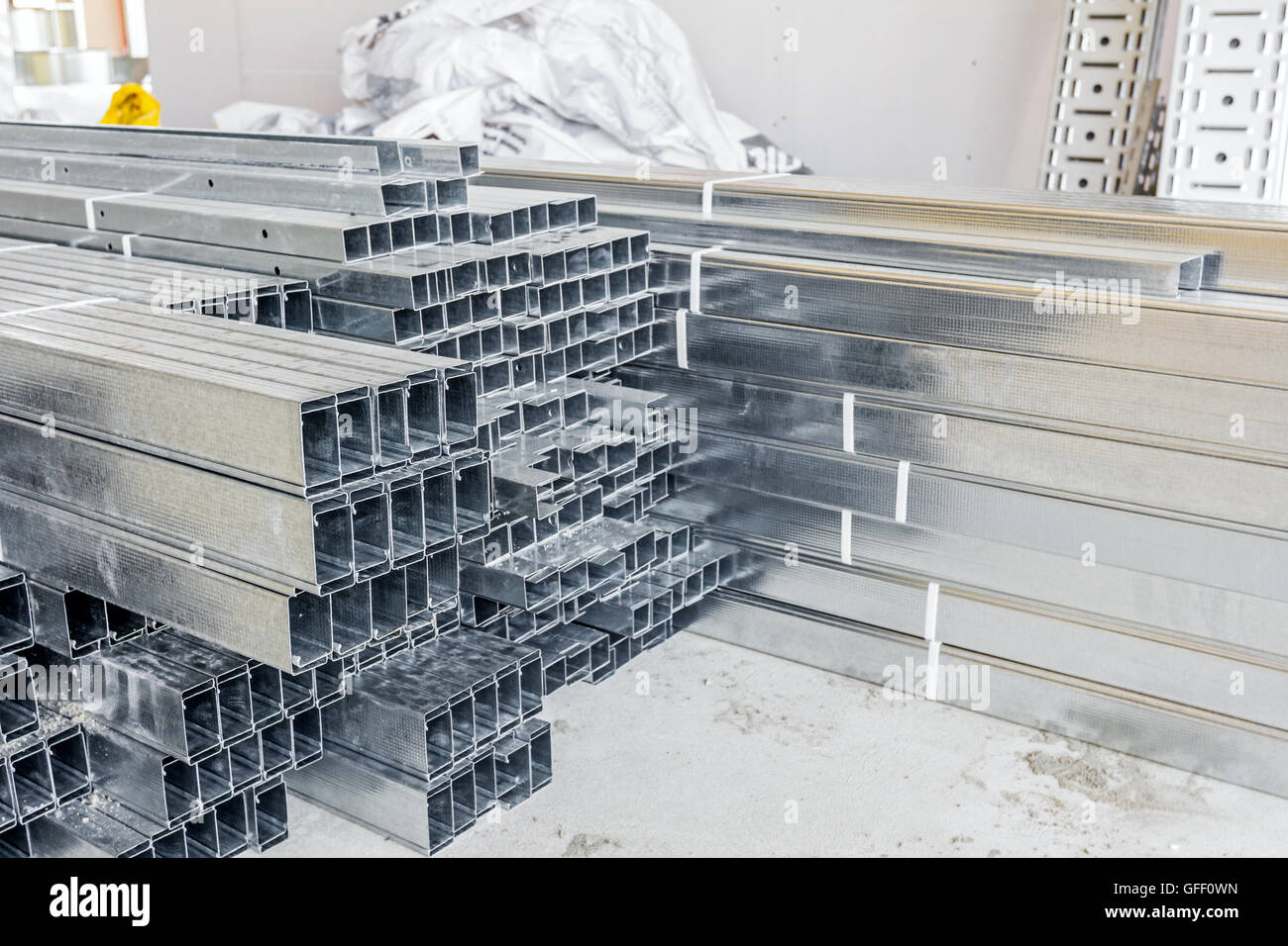Pile of metallic profiles for plasterboard or dividing wall Stock Photo ...