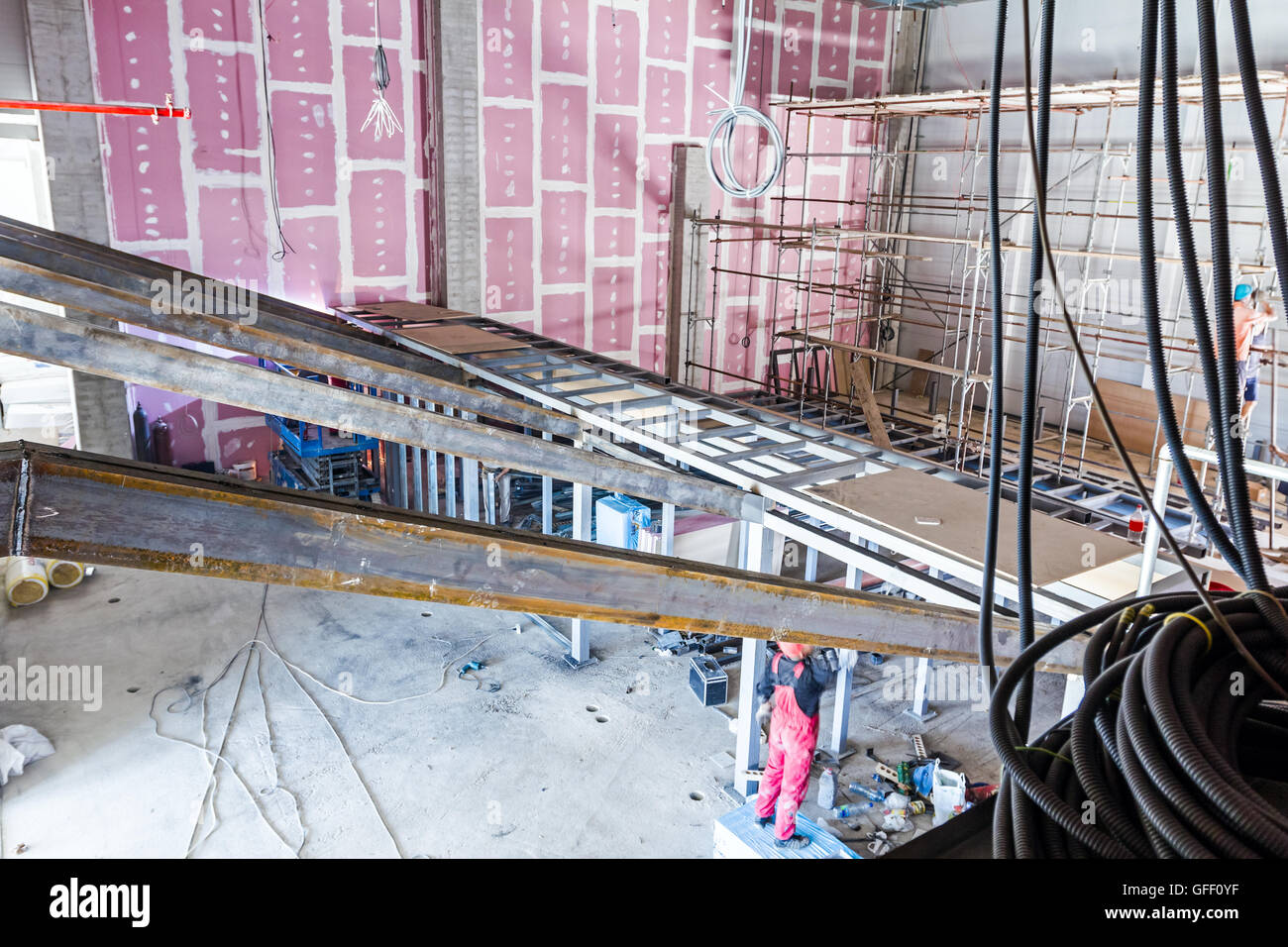 Partially assembled skeleton of theater construction, work is in ...