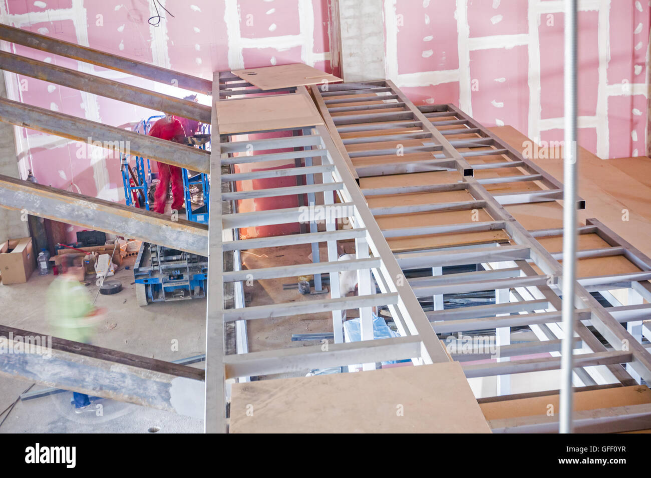 Partially assembled skeleton of theater construction, work is in ...