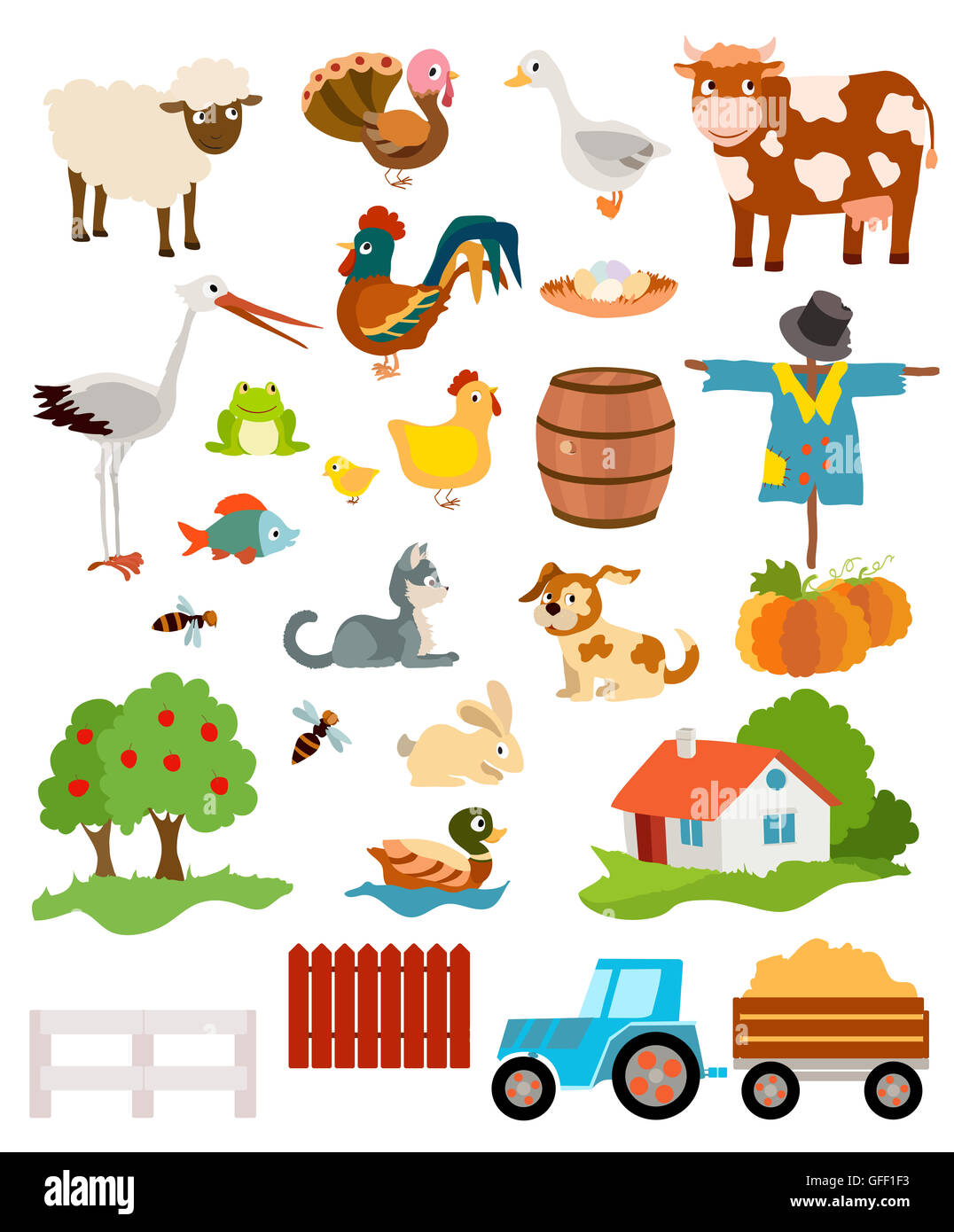 set of farming live animals, birds, objects, farmhouse, tress ...