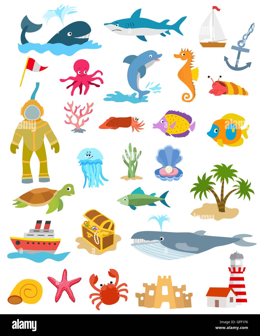 set of sea and ocean animals and fishes, palm trees and sand castle ...
