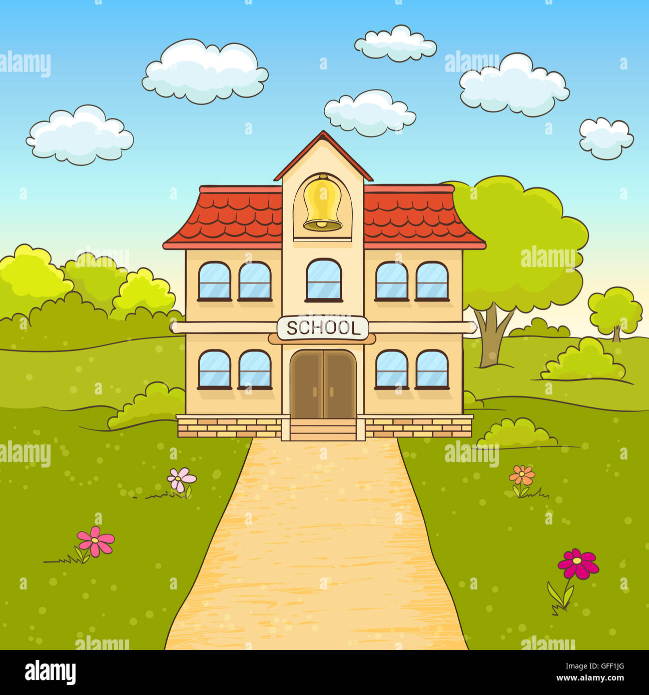 cartoon drawing of elementary school building facade with road. vector ...