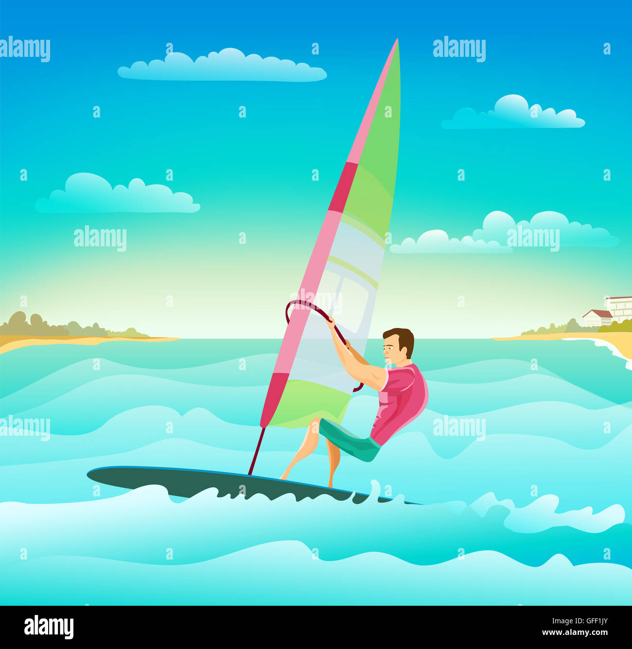 cartoon with windsurfing athletic man on ocean waves. stylish summer ...