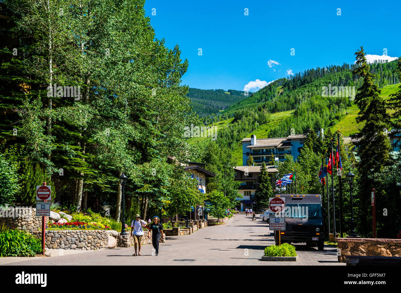 Street Scene In Vail Colorado during summer with lush foliage and ...