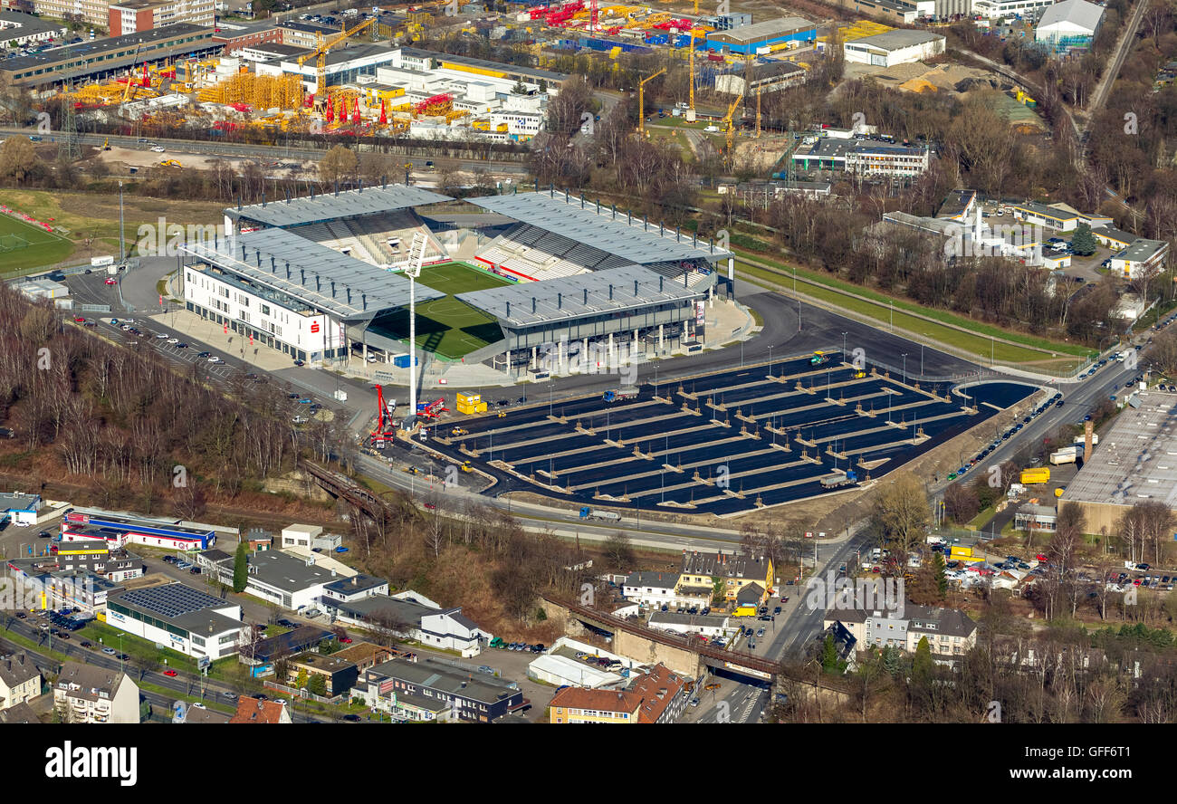 Aerial view, new stadium Rot-Weiss-Essen RWE, parking in the grounds of ...