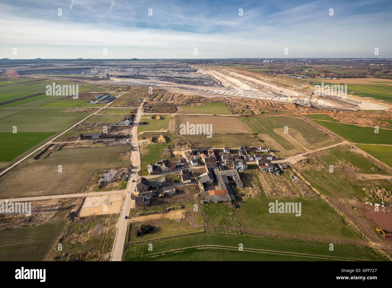 Aerial view, lignite opencast Inden with a destroyed village Inden ...