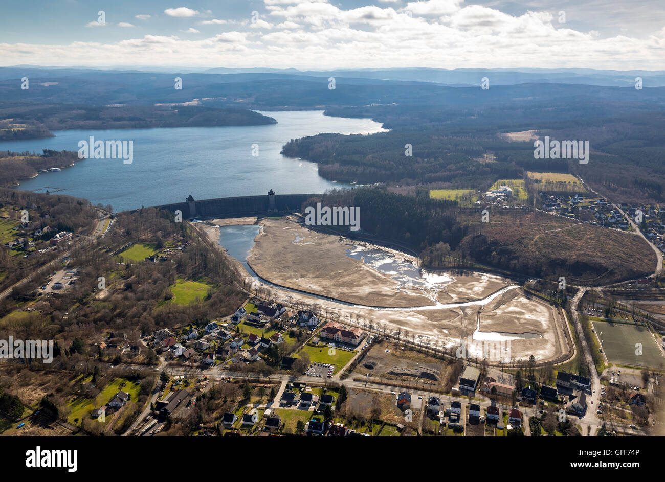 Aerial view, dam Möhnesee with emptied lower reservoir front of the dam ...