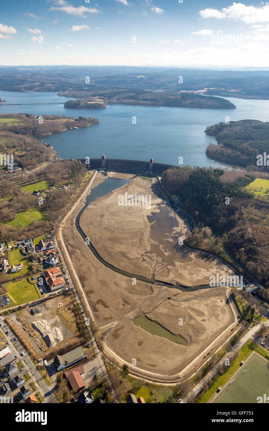 Aerial view, dam Möhnesee with emptied lower reservoir front of the dam ...